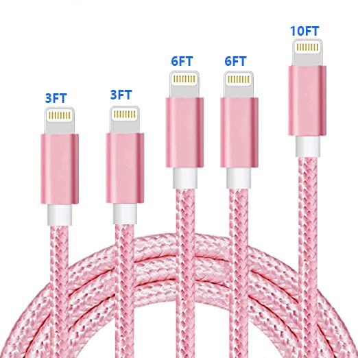 sharllen iPhone Charger Cord iPhone Lightning Cable 3/3/6/6/10FT 5Pack Nylon Braided USB Fast iPhone Charging Cable&Syncing Long Cord Compatible iPhoneXs/Max/XR/X/8/8P/7/7P/6/5/iPad/iPod (Rose Gold)