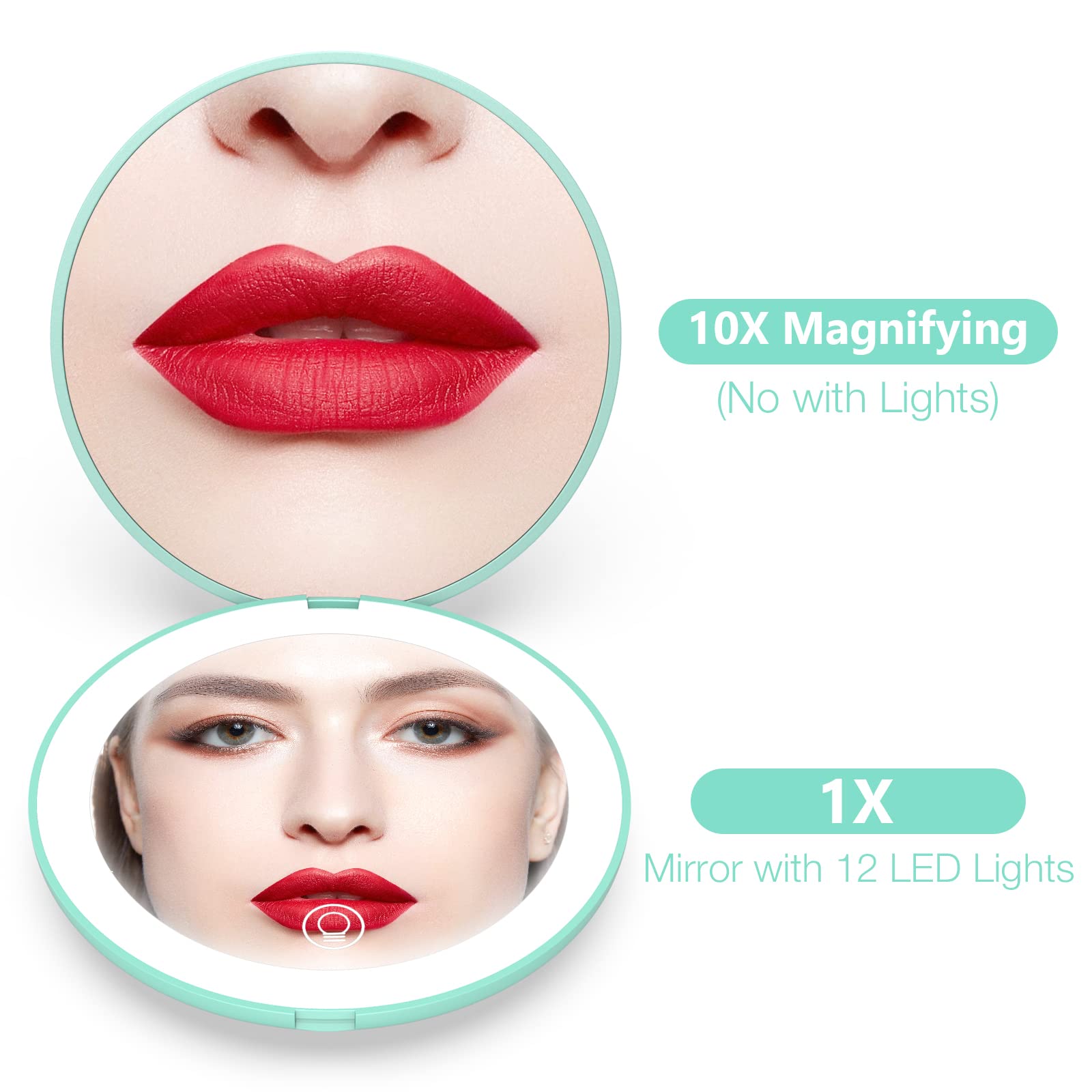 wobsion Travel Mirror with Light, Rechargeable 1x/10x Compact Magnifying Mirror, Dimmable Pocket Mirror,3.5inch Travel Size,Portable for Handbag,Purse,Gift,Cyan