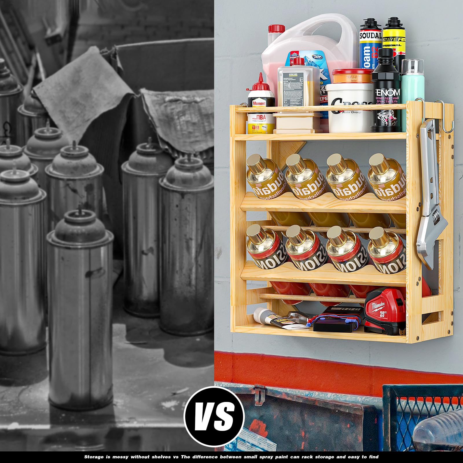 uyoyous Spray Paint or Lube Can Storage Holder Rack 4 Tier 8 Can Wall Mount Spray Can Organizer Wood Shelf Case Organizer for Garage Shop Craft Workroom 15.75In(L) x16.9In(W) x6.7In(H)