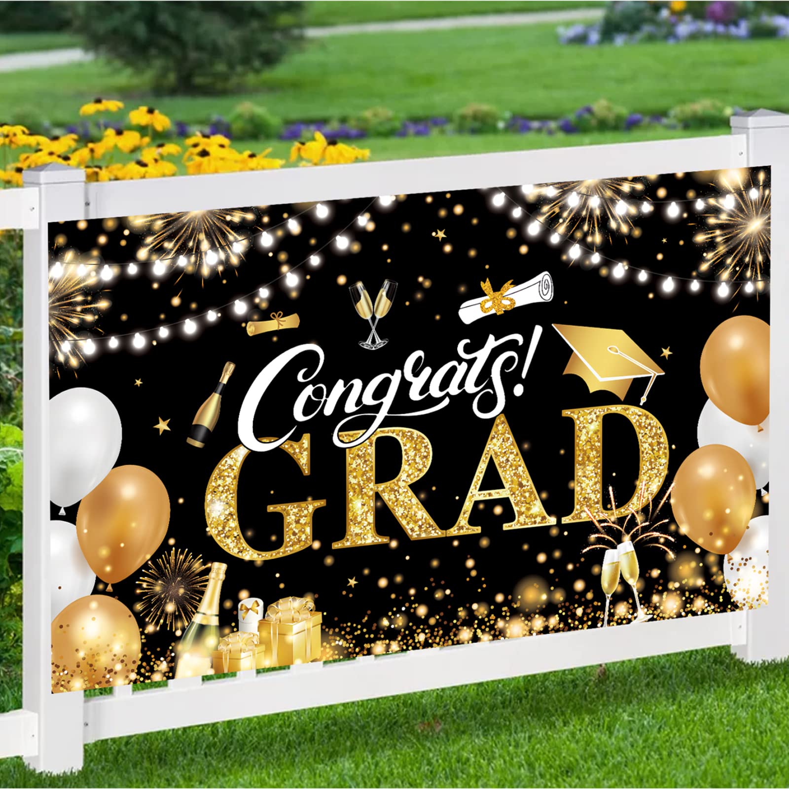 Aaskuu Graduation Banner 2024 Black and Gold - 72.8x43.3 Inch, Congrats Grad Banner for Graduation Party Decorations, Large Congratulations Banner Class of 2024 Graduation Backdrop