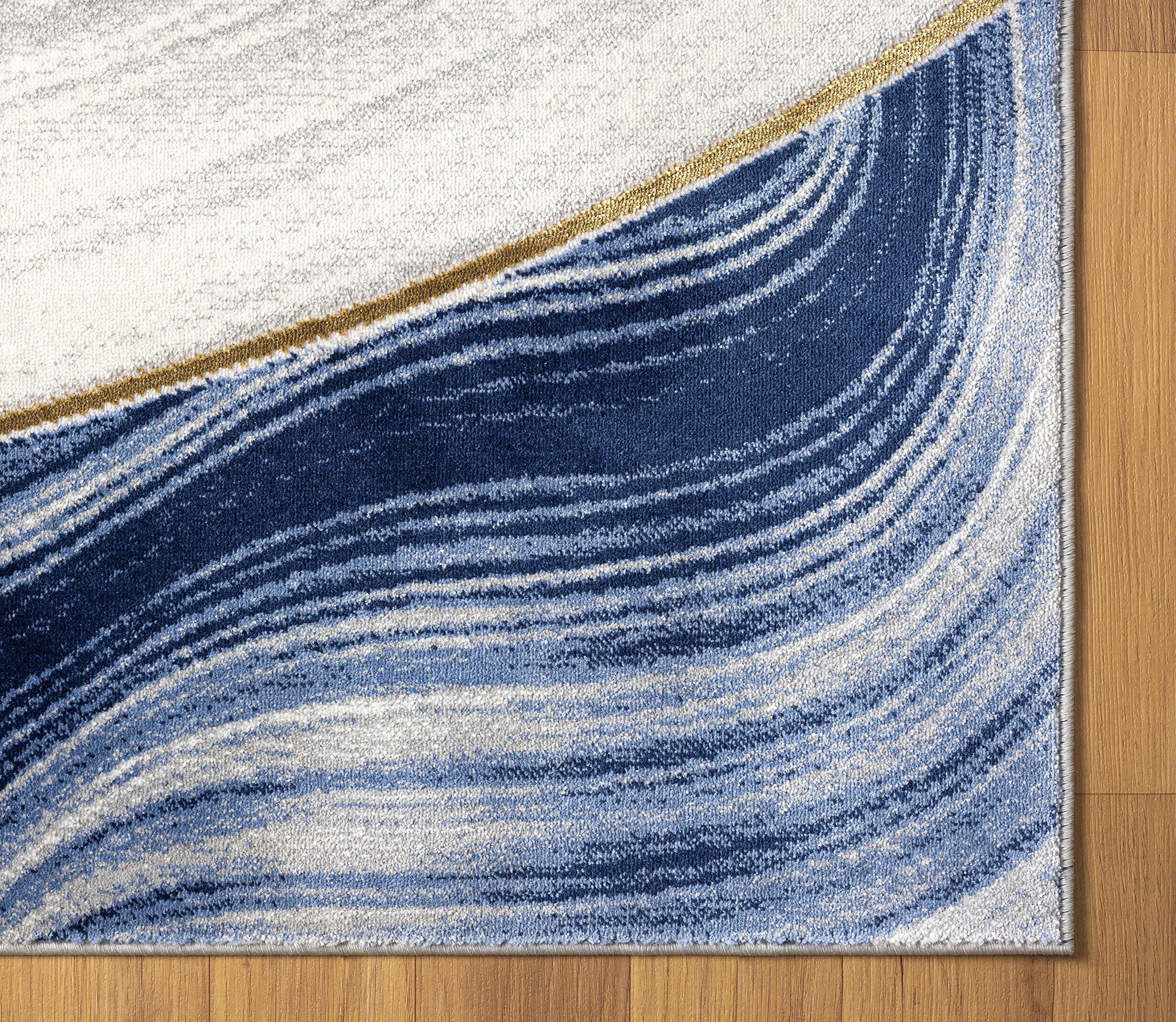 Abani Blue & Ivory Metallic Contemporary Ribbon Area Rug, Rugs Swirl Design Neutral Non-Shed 6' x 9' Bedroom Rug