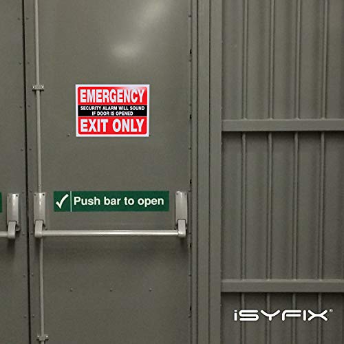 iSYFIX Emergency Exit Only Stickers – 2 Pack 10x7 Inch – Premium Self-Adhesive Vinyl, Laminated UV, Weather, Scratch, Water & Fade Resistance, Security Alarm Will Sound if Door is Opened Sign