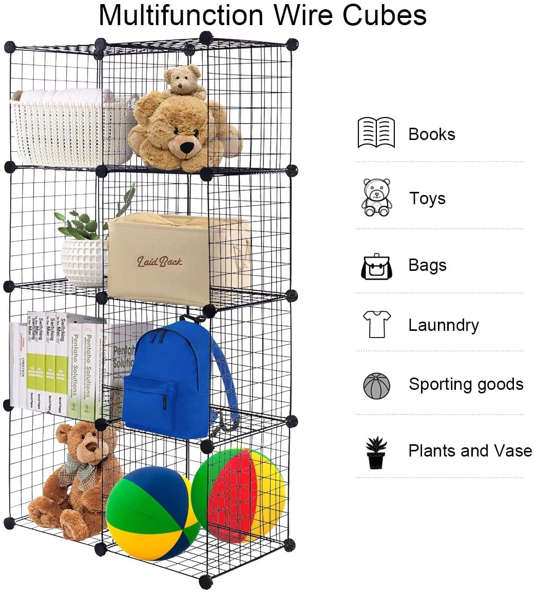 BANGTANE Wire Cube Storage Organizer, 8-Cube Grid Storage Shelves, Modular Wire Shelving Units, DIY Closet Cabinet Organizer for Home, Office, Living Room, 14” x 14”, Black (8 Cubes)