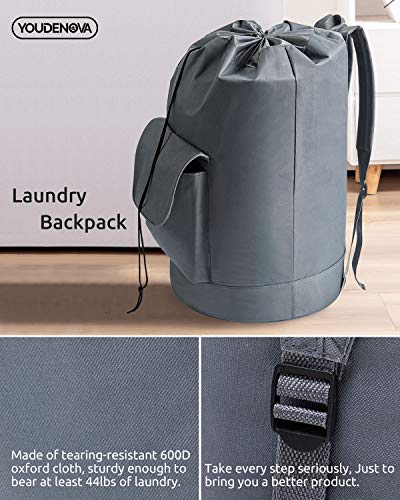 YOUDENOVA Backpack Laundry Bag with Padded Adjustable Shoulder Strap and Pocket for College Dorm, Durable Oxford Backpack Hamper Bag with Drawstring Closure for Travel, Camping, XL