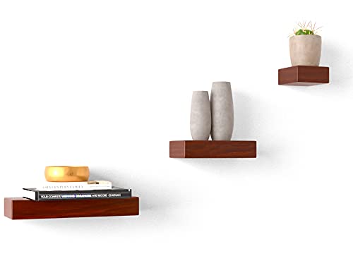 Ninefold Design Solid Wood Size Variety Floating Wall Shelves Home Decor in Mahogany Color, Holds 30 Ibs Each Easy Installation for Living Room, Bedroom, Bathroom, Kitchen, and Office.