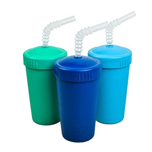 Re-Play Made in USA 10 Oz. Straw Cups for Toddlers, Pack of 3 - Reusable Kids Cups with Straws and Lids, Dishwasher/Microwave Safe - Toddler Cups with Straws 3.13" x 5.5", True Blue