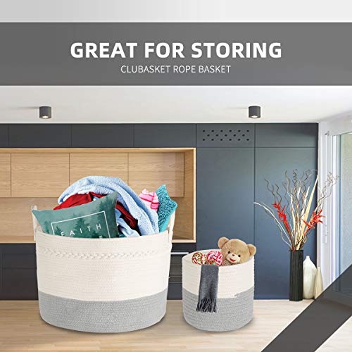 Clubasket 2 Pcs Cotton Rope Basket Large Woven Storage Basket Blanket Basket Living Room Laundry Basket Hamper Storage Bins Toy Basket for Home (Grey&White 20x13'')