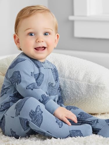 Simple Joys by Carter's Baby Boys' 2-Way Zip Thermal Footed Sleep and Play, Pack of 2, Dusty Blue Bear/Ivory Dinosaur, 3-6 Months