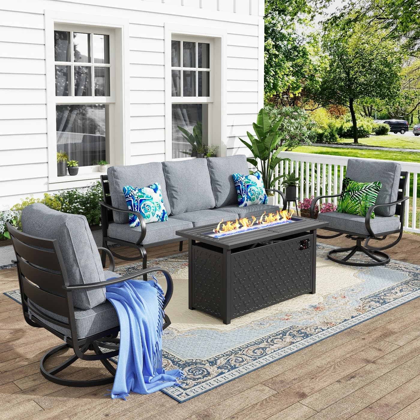 MFSTUDIO 4 Pieces Patio Conversation Sets,Outdoor Metal Furniture Sofas with 1 x 45 Rectangular Propane Fire Table,1 x 3-Seat Sofa, 2 x Swivel Chairs,Grey Cushion