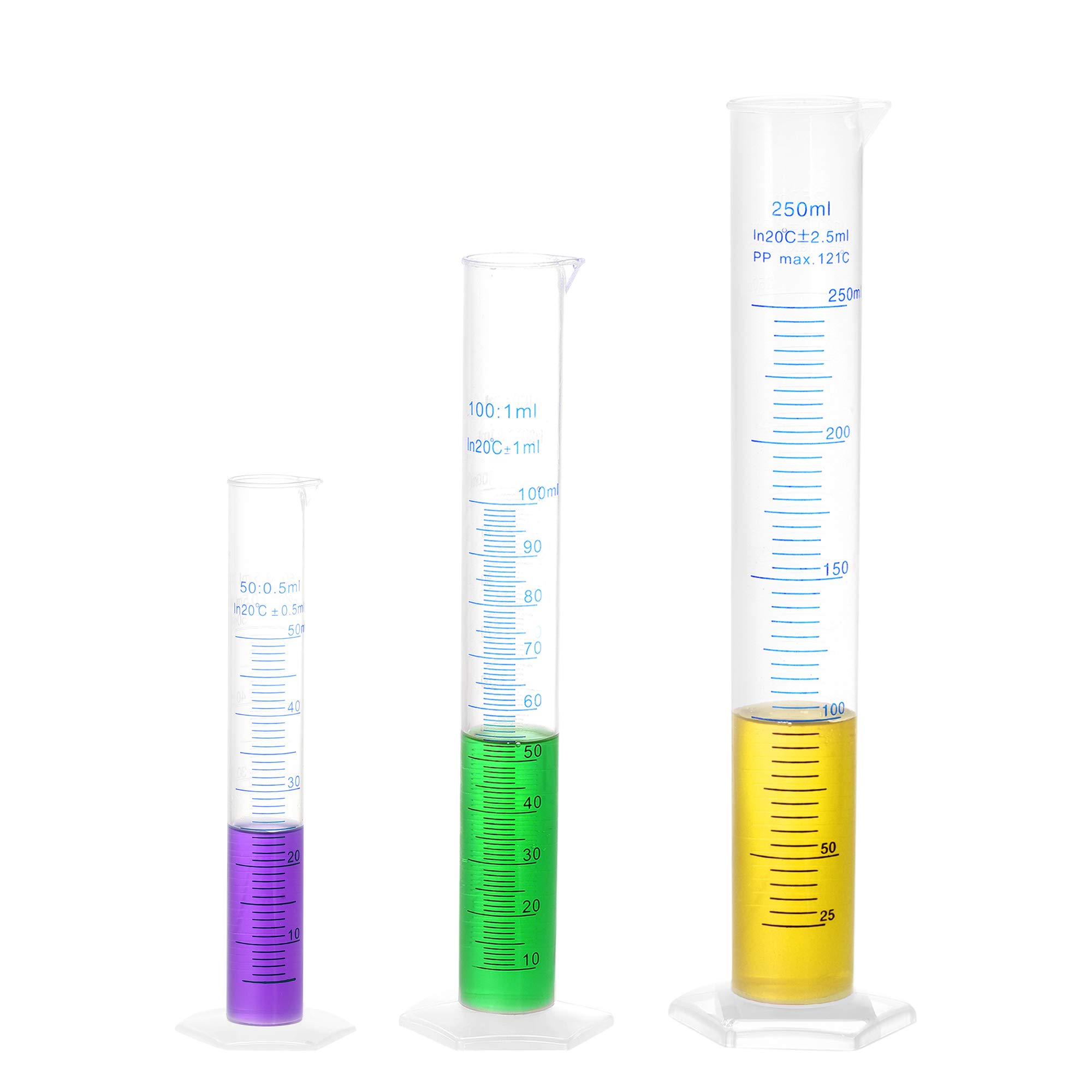 uxcell Plastic Graduated Cylinder, 50ml 100ml 250ml Measuring Cylinder, Double-Sided Metric Marking, Clear Hex Base, 3 in 1 Set