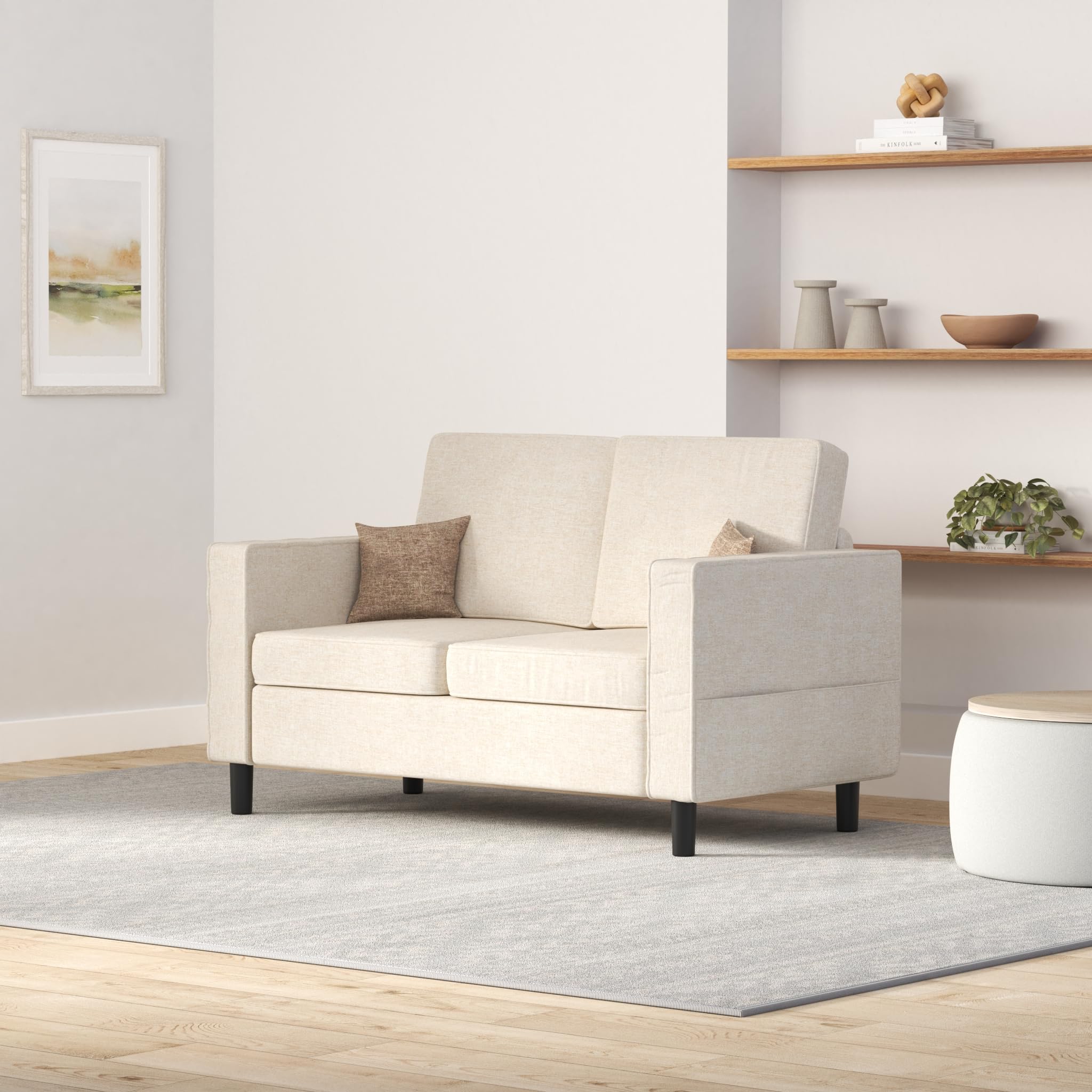Mjkone Loveseat Sofa with 2 Storage Side Pocket, 54.7'' Modern Fabric Love Seats, Easy Assembly/High Resilience Sponge/Real Wooden Frame and Solid Wood Sofa Legs(Beige, Loveseat)