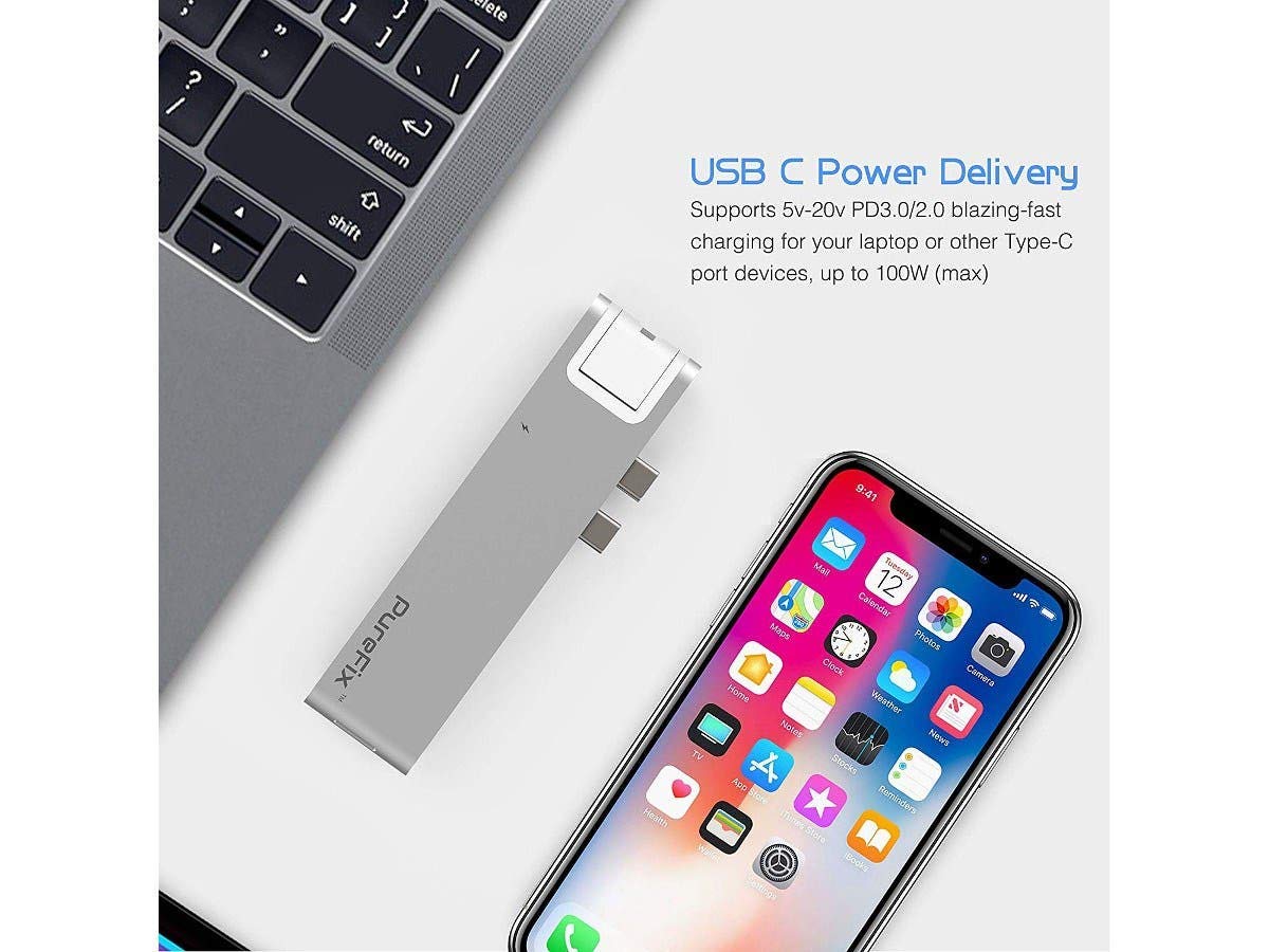 Purefix USB C Hub, 7-in-1 Dual Type-C Adapter - Silver for MacBook Pro 13 15 Gigabit Ethernet, Power Delivery, Thunderbolt 3, 4K HDMI, MicroSD/SD Card Reader