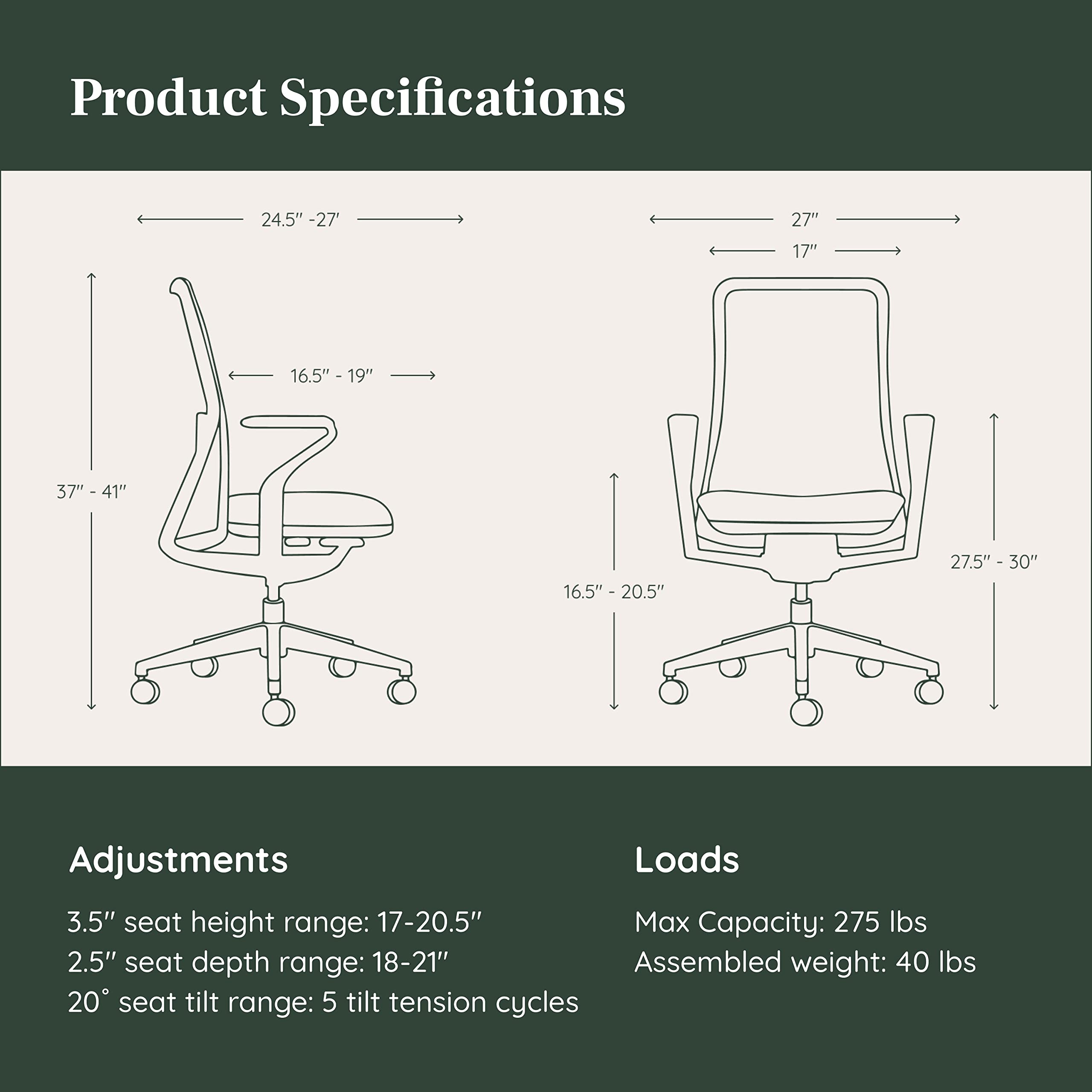 Branch Verve Chair - High Performance Executive Office Chair with Contoured Seat Back and Adjustable Lumbar Rest - High Density Foam Cushion with Aluminum Base - Up to 275 lbs - Galaxy