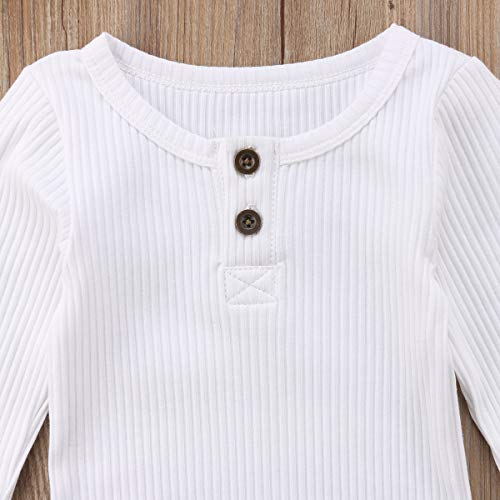 Seyurigaoka Newborn Unisex Baby Solid Bodysuit Basic Plain Rib Stitch Long Sleeve Romper Clothes for Infant Boy Girl (White, 6-12 Months)
