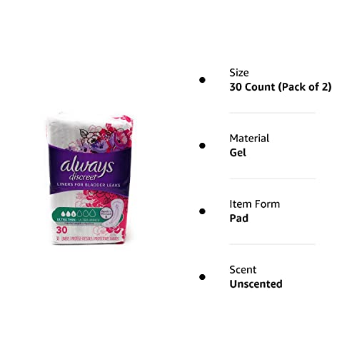 Always Discreet, Incontinence Light Pads, 3 Drops, 30 Pads each (Value Pack of 2)