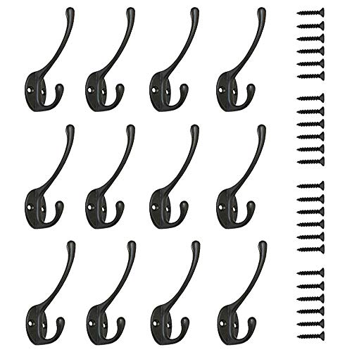 Miukada 12 Pack Dual Coat Hook, Heavy Duty Wall Mounted Hooks, Rustic Double Hooks for Coat, Scarf, Bag, Towel, Key, Cap, Cup, Hat(Black Color, Screws Included)