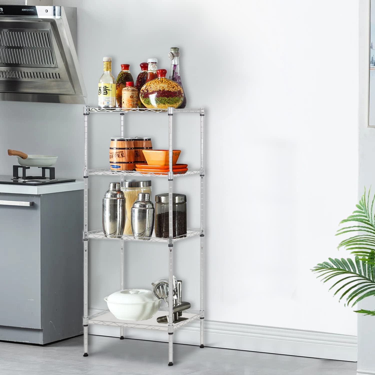 FDW 18L x 12W x 44H Wire Shelves with 4 PP Sheets Metal Shelf Storage Shelves 4 Tier Layer Storage Shelves for Laundry Bathroom Kitchen Garage,Chrome