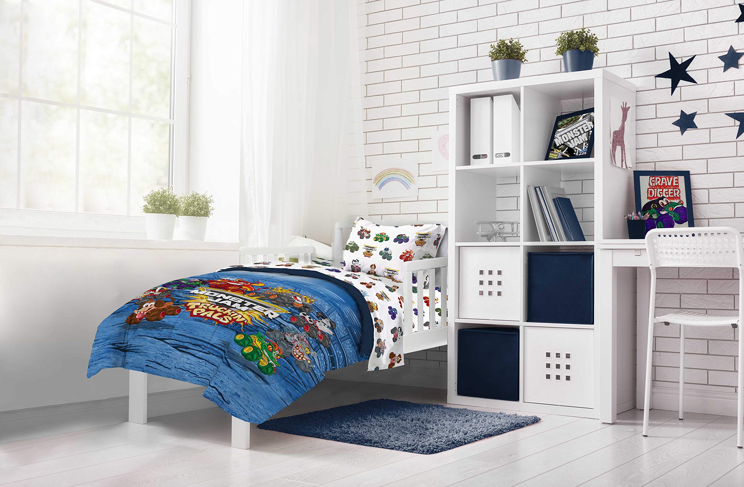 Jay Franco Monster Jam Truckin' Pals 4 Piece Toddler Bed Set - Includes Comforter & Sheet Set - Bedding Features Grave Digger & Megalodon - Super Soft Fade Resistant Microfiber