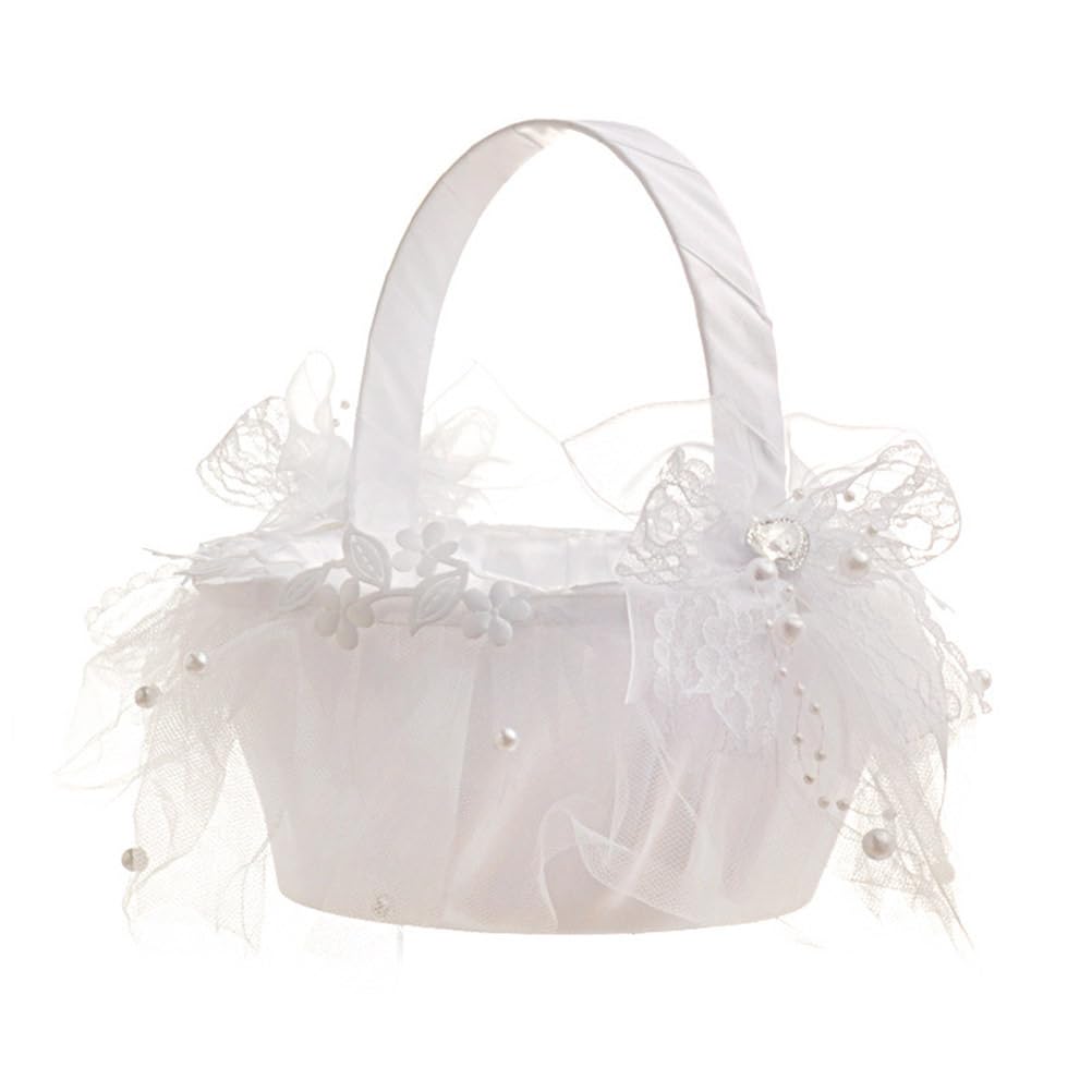 Abaodam White Hamper White Basket Flower Girl Baskets Lace Bridal Basket White Flower Basket Lace Satin Basket Pendant Drill Flower Girl Baskets for Weddings Baskert for Wedding Wedding Basket White