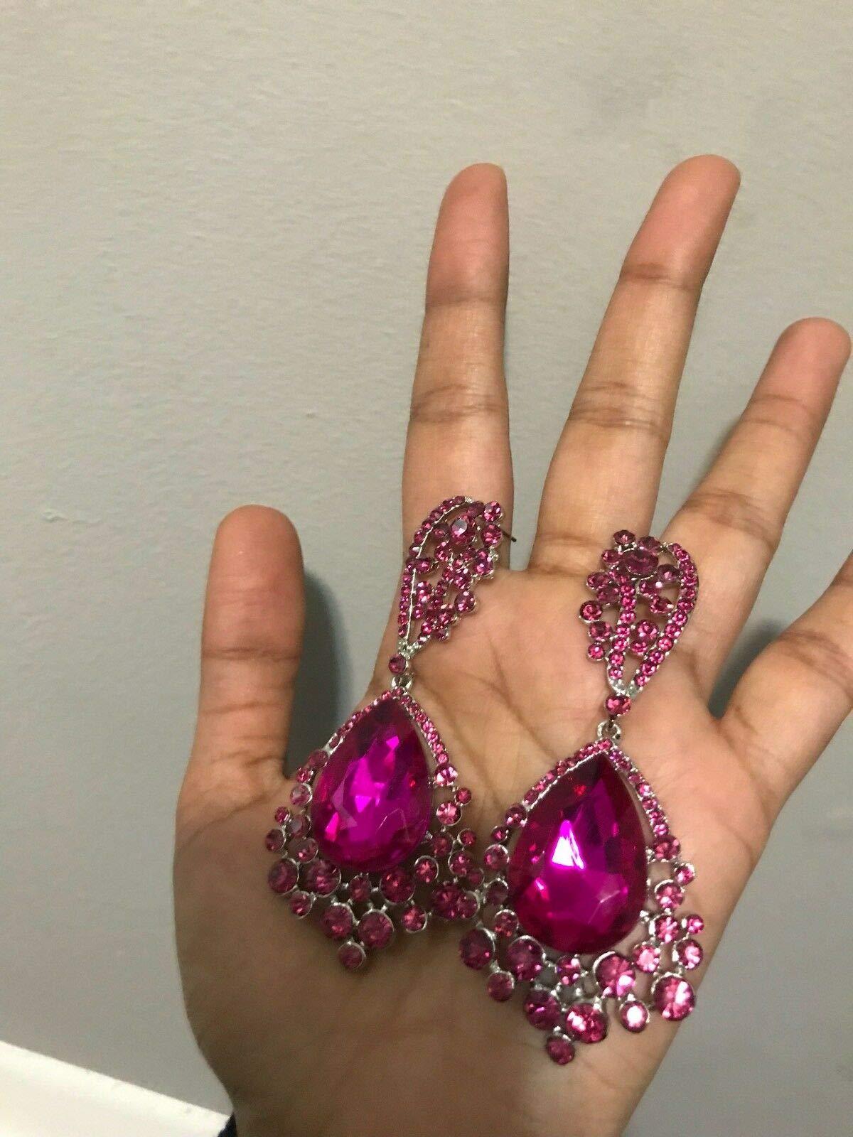 3.25" Long Hot Pink Fuchsia Dangle Pageant Rhinestone Crystal Silver Earrings