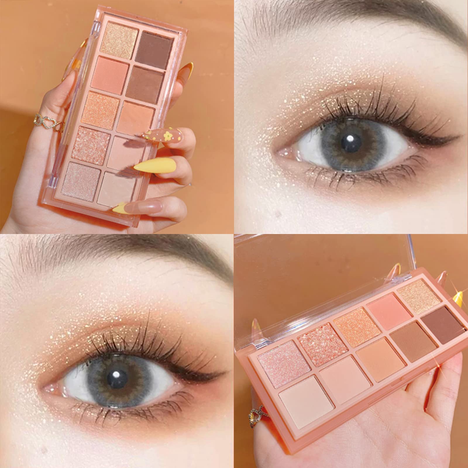 Erinde 10 Colors Eyeshadow Palette Makeup - Matte Shimmer Glitter Eye Shadow, Ultra-Blendable, High Pigmented, Naturing-Looking, Neutral Nude Eyeshadow Pallet with Professional Brush, Peach Color