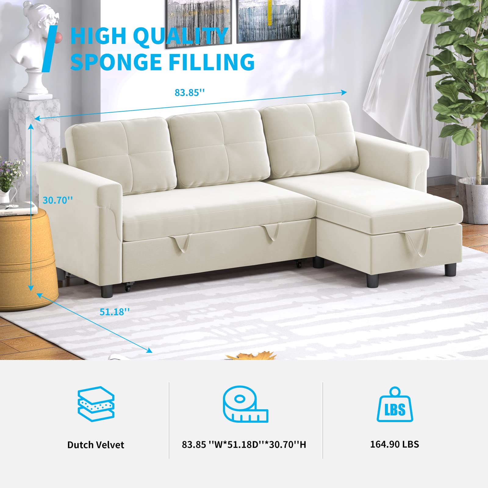 Mjkone 3 Seat L-Shape Sectional Sofa Couch with Pull Out Bed and Reversible Storage Chaise, Modern 84 Inch Sleeper Sofa with Breathable Velvet Fabric for Living Room, Beige