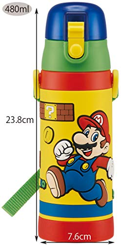 Skater SDPV5-A Children's Stainless Steel Direct Drinking 3D Water Bottle, Kids, 16.2 fl oz (480 ml), Super Mario Boys