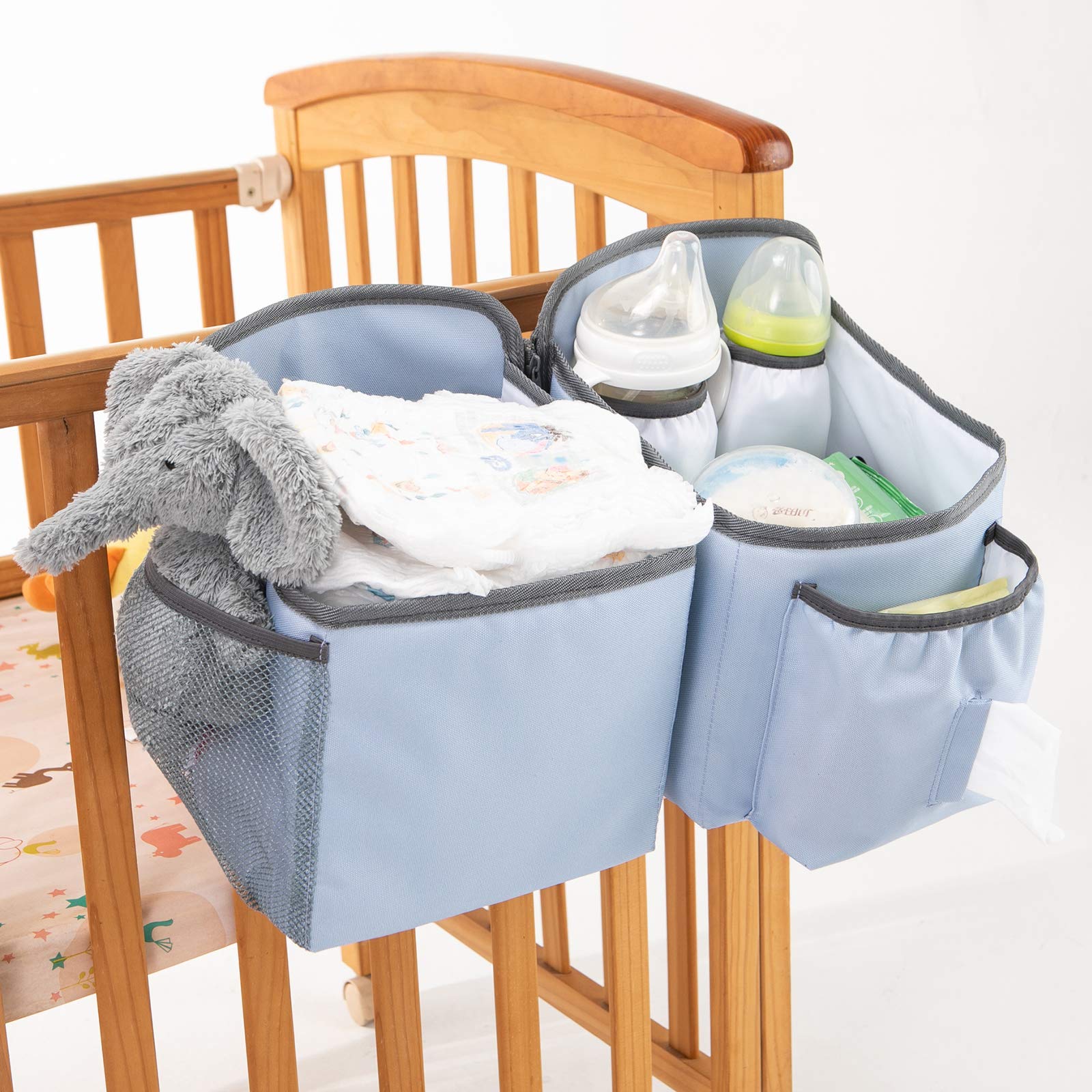 MOMIGO Baby Diaper Caddy Bag Stacker Organize - Nursery Storage Bin for Diapers, Wipes & Toys with Insulation Pocket - 2pcs Diaper Organizer for Crib Wall (Blue)