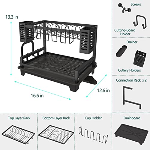 B-Land Dish Drying Rack, 2 Tier Dish Racks for Kitchen Counter, Large Dish Drying Rack with Drainboard & Utensil Holders, Rust-Proof Dish Drainers,Kitchen Organization