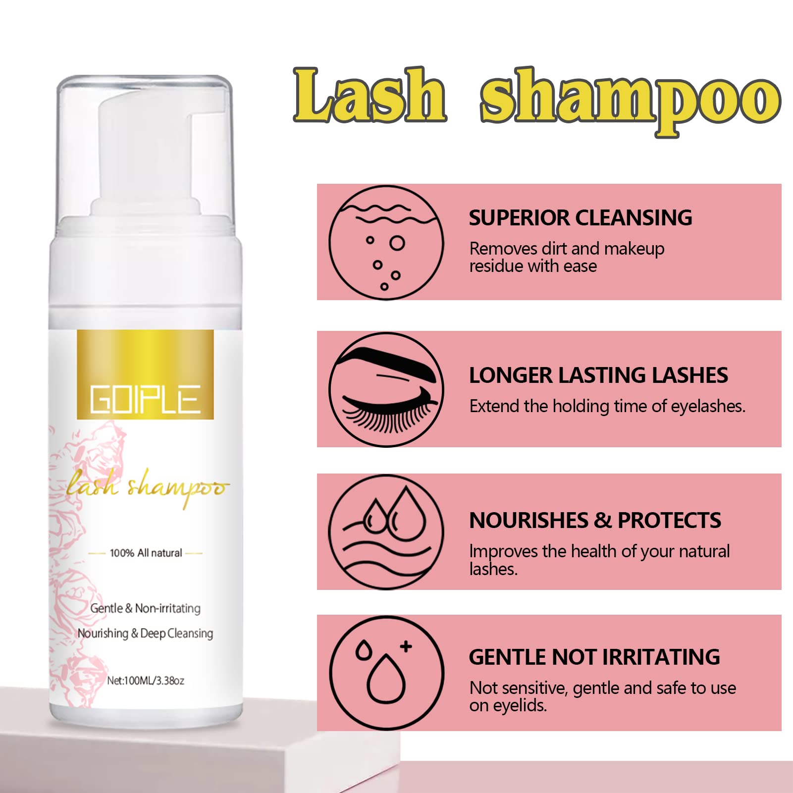 3.38OZ Eyelash Extension Cleanser Lash Mousse Lash Shampoo for Extensions, Natural Lashes Makeup & Mascara Remover Professional & Self Use with Cotton Puff Lash Cleanser 3.38Oz