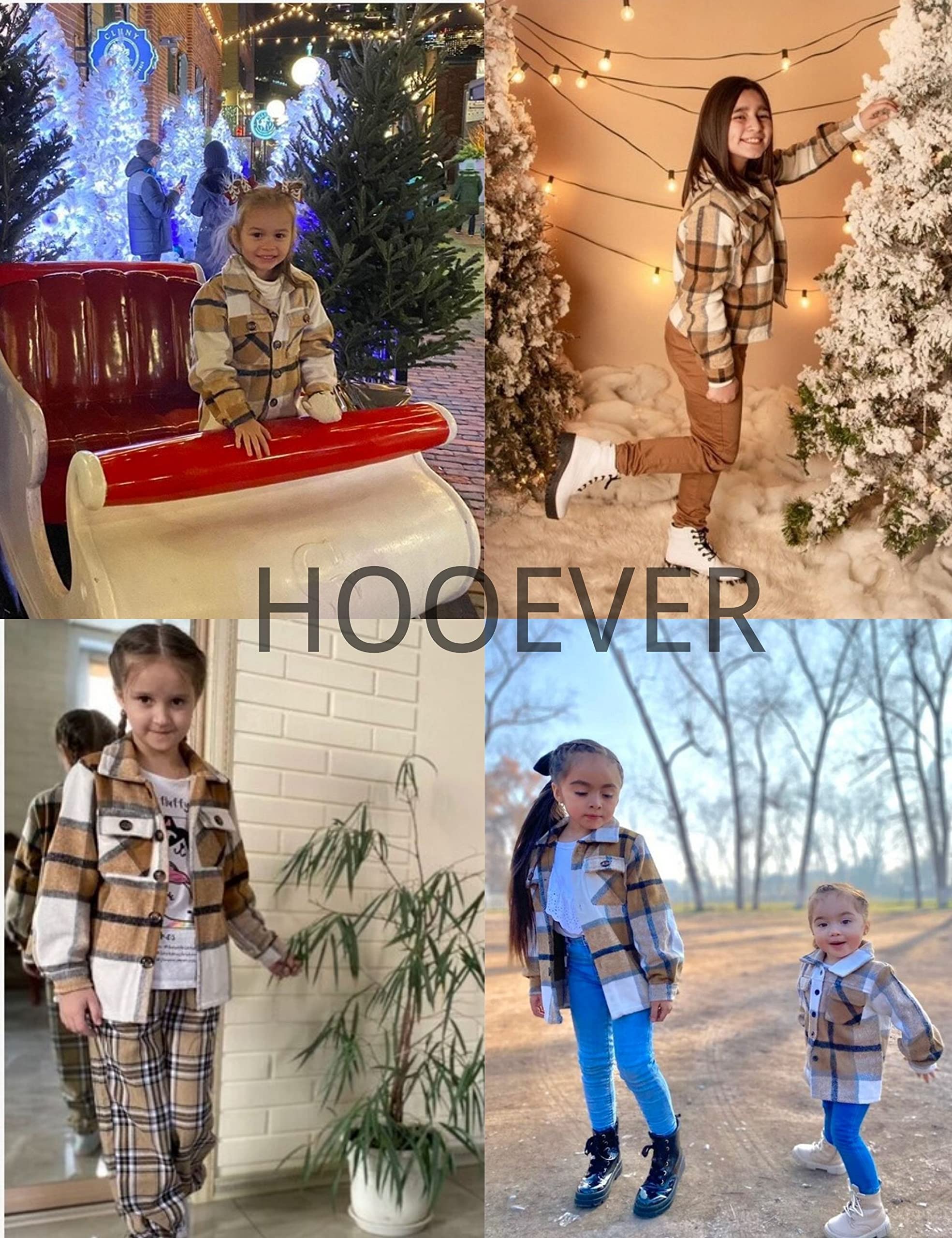 Hooever Girl's Boy's Brushed Plaid Shirts Pockets Button Down Plaid Flannel Shacket (Khaki, 4T)
