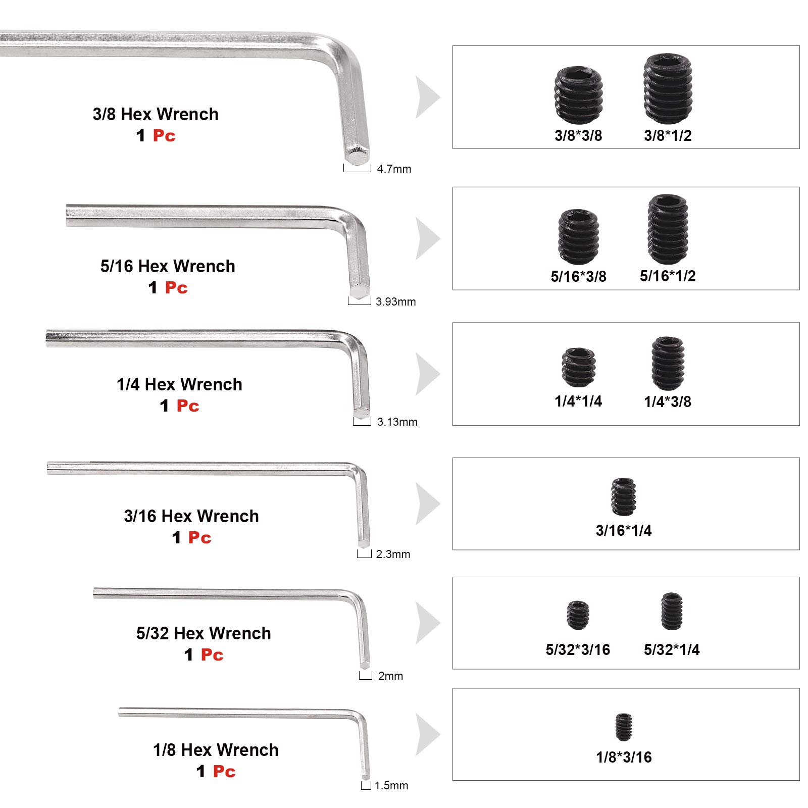 Hilitchi 230Pcs Socket Set Screw Assortment in SAE Sizes Internal Hex Drive Cup Point Allen Grub Screws 12.9 Class Black Alloy Steel (10Sizes)