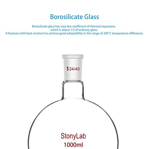 StonyLab 1000ml Glass Single Neck Round Bottom Flask RBF, with 24/40 Standard Taper Outer Joint - 1L (1 Liter)