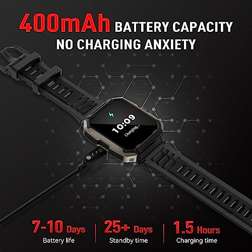 anyloop Military Smart Watches for Men, 1.85" HD Display 400mAh Rugged Smartwatch with Bluetooth Call Tactical IP68 Waterproof Outdoor Fitness Tracker with Heart Rate Monitor for iOS Android Phone