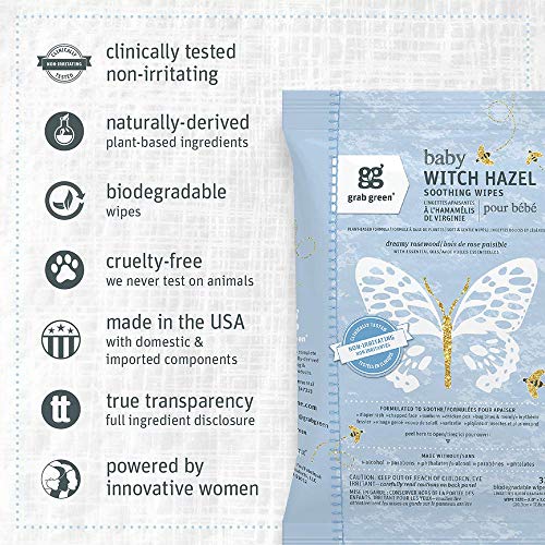 Grab Green Baby Witch Hazel Soothing Wipes, 96 Wipes, Dreamy Rosewood Scent, Plant and Mineral Based, Biodegradable, Soothe Common Skin Irritations Such as Diaper Rash, No Alcohol, Packaging May Vary