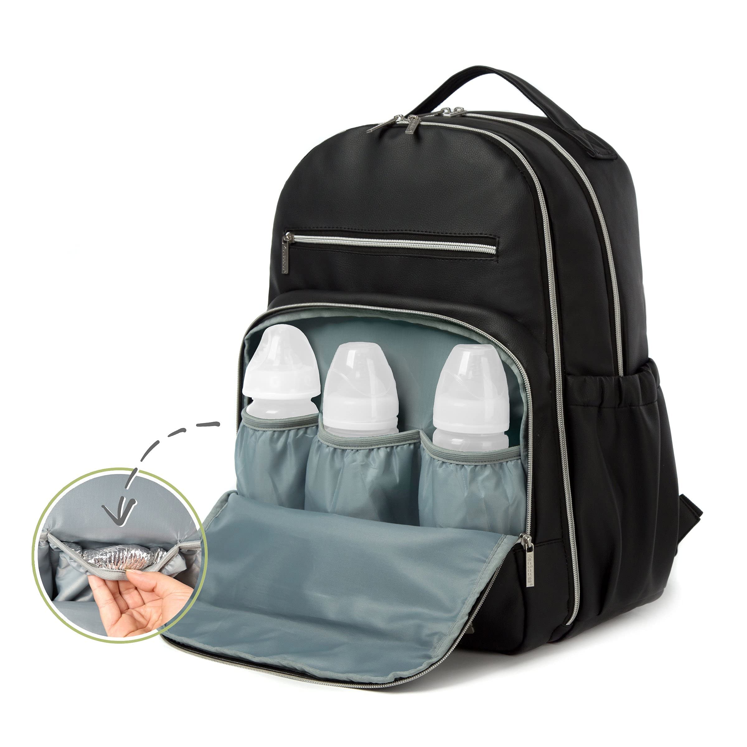 KeaBabies Large Waterproof Diaper Backpack - Vegan Leather, Stylish, Multifunctional Baby Diaper Bags, Travel Back Pack, Maternity Baby Changing Bags, Unisex Nappy Changing Bag, Black Diaper Backpack