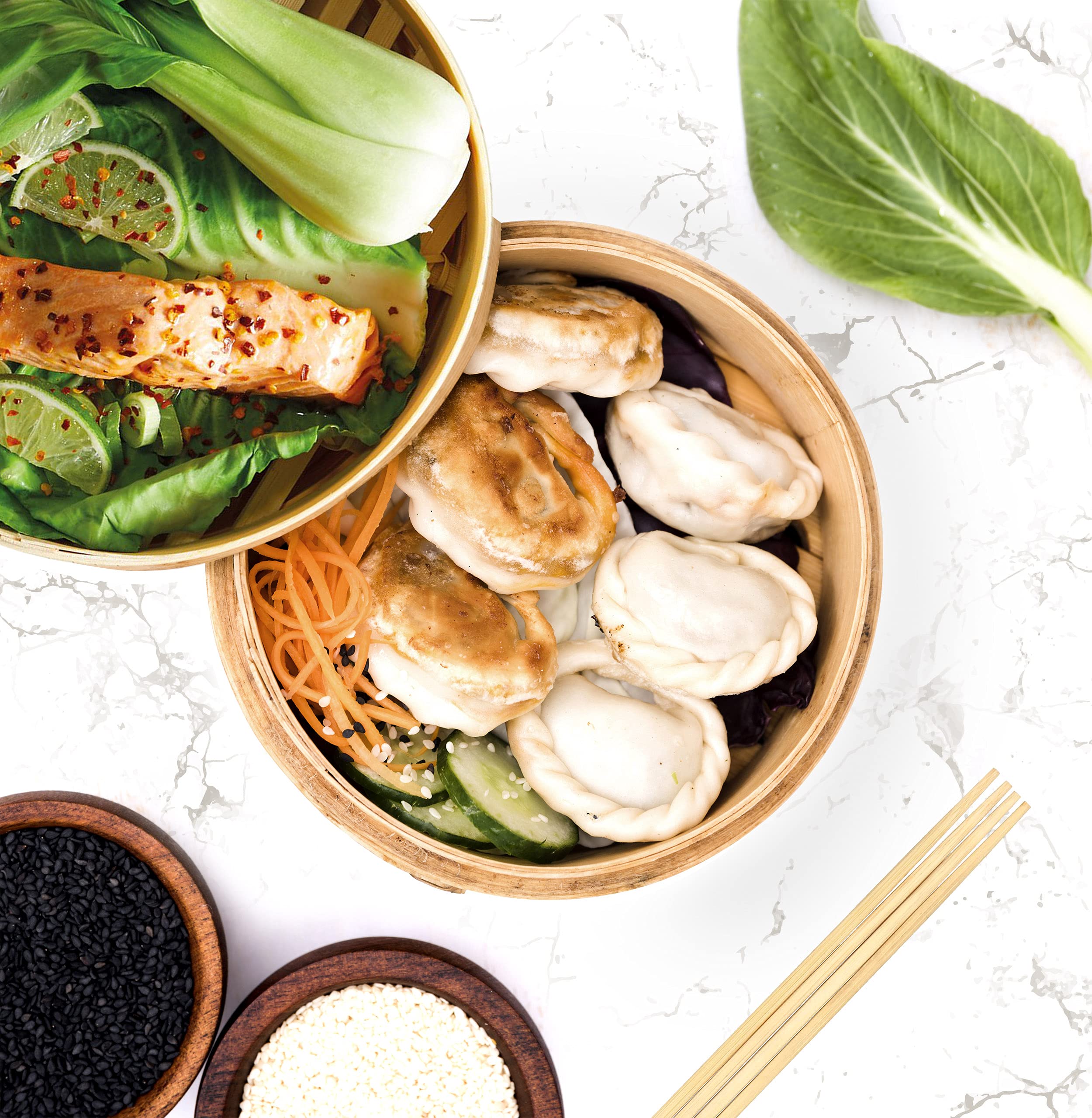 Bamboo Steamer 10 Inch - Basket 2 Tier Steam Cooker Pot for Rice, Dim Sum, Fish, Vegetable & Meat β Set of Two Bamboo Chopsticks, Steamer Liner and Steamer Basket