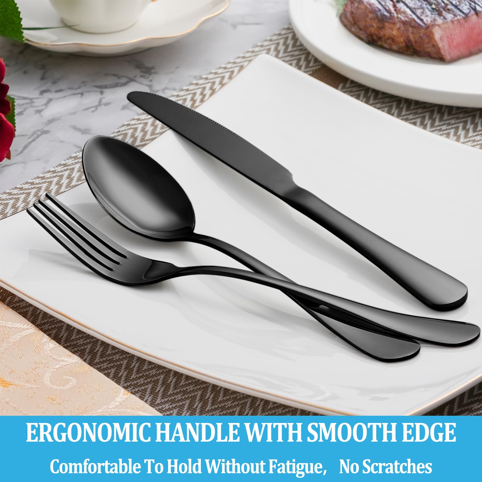 30 Pcs Black Silverware Set, Stainless Steel Flatware Set Service for 6, Mirror Polished Cutlery Utensil Set, Durable Home Kitchen Eating Tableware Set, Include Fork Knife Spoon Set, Dishwasher Safe