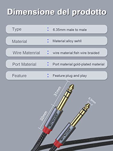 ANYPLUS Instrument Cable,【16.5ft/5m-1pack】 6.35mm Male to Male 1/4 inch to 1/4 inch Audio Cable, Fish Wire Braided TRS Cable, for Guitar Cable, Bass, Keyboard, Mixer, Amplifier, Equalizer, Speaker.