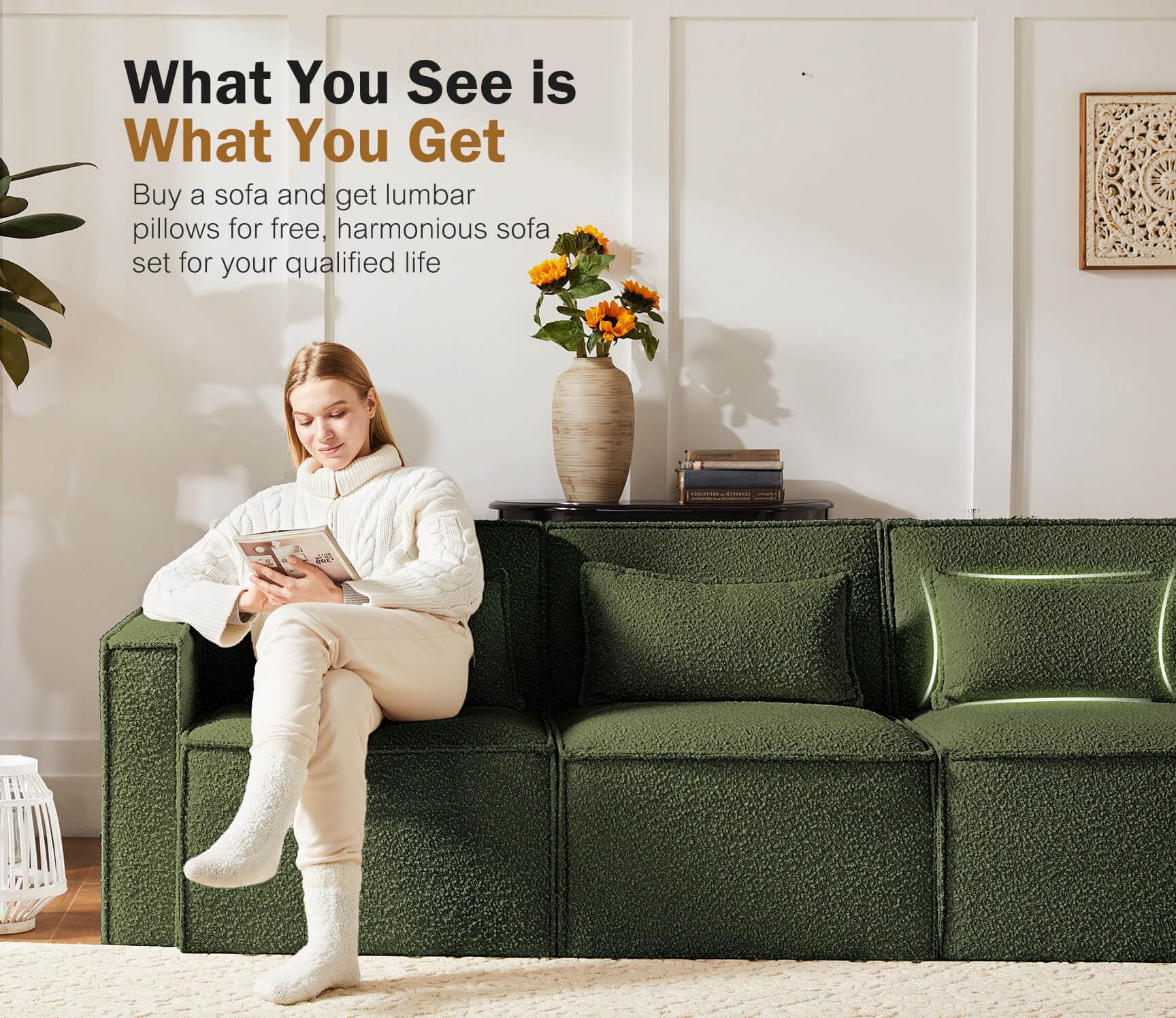 ABCASA 120" Modular Sectional Couches for Living Room, Modern 6 Seater U Shaped Sofa Couch - Boucle Green