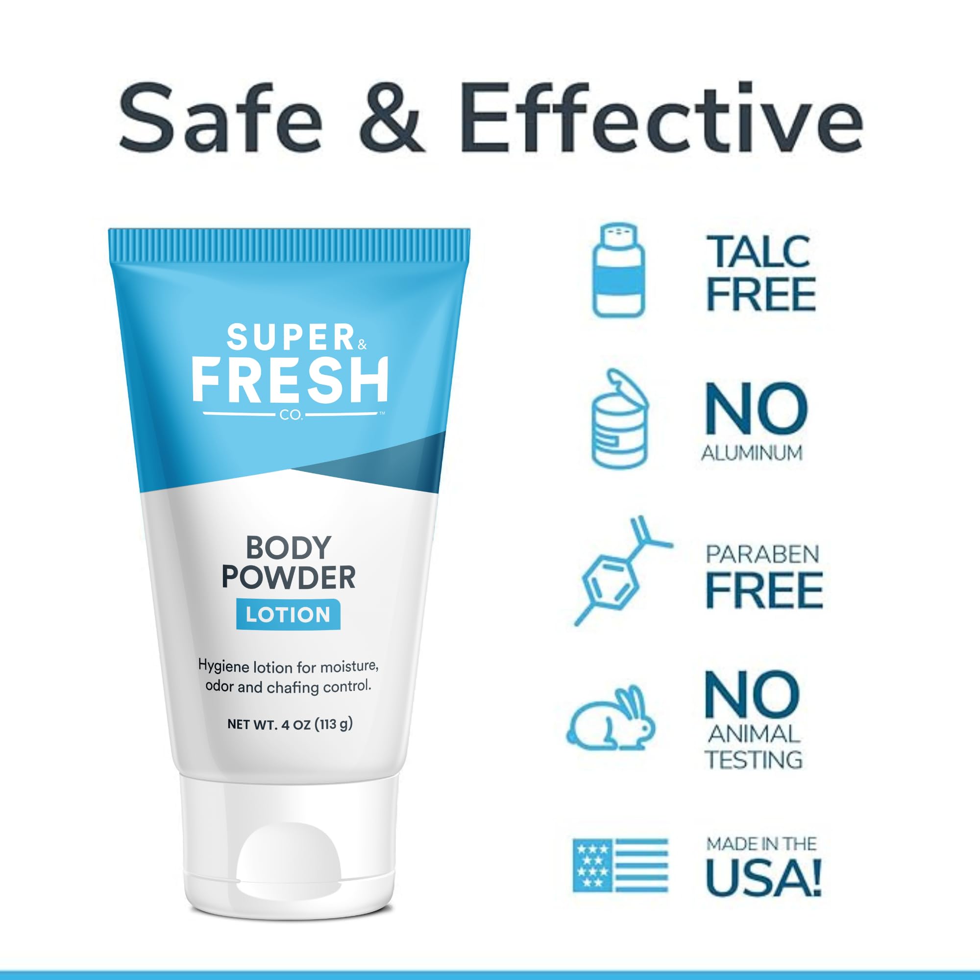 SweatBlock Super Fresh Body Powder Lotion Talc Free, Anti-Chafing, Deodorizing, Natural Ingredients - No Mess Body Powder Lotion for Men and Women - 4 fl oz.