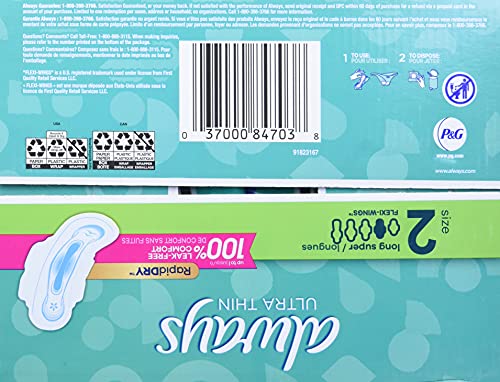 Always Ultra Thin Feminine Pads with Wings, Long/Super, Unscented, 88 Count