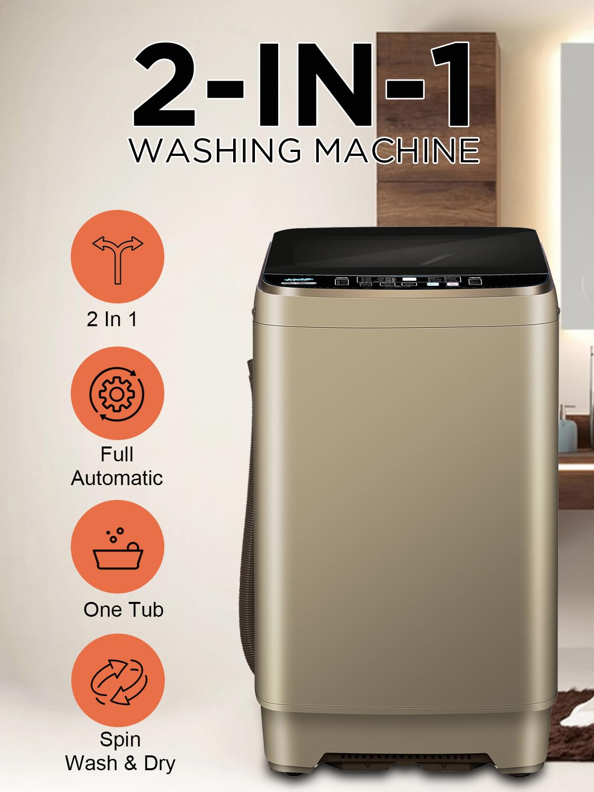 KRIB BLING Full Automatic Washing Machine with LED Display, 25 lbs Portable Washer Drain Pump, 10 Programs & 8 Water Levels Selections, Ideal for RV, Camping, Apartment, Dorm, Dark GOLD