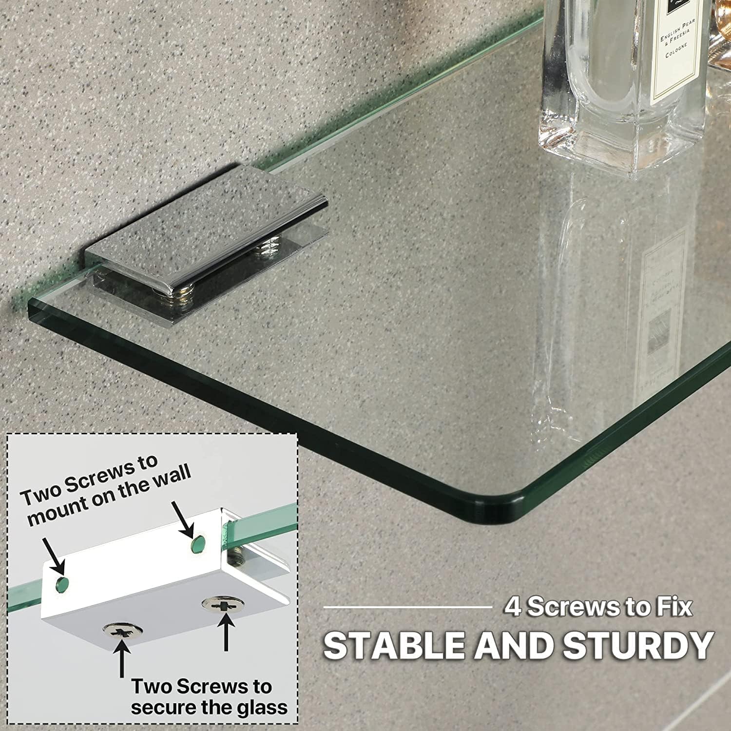 SAYAYO Glass Shelf for Bathroom, 1/3 Inch Thicken Tempered Floating Glass Shelves 24 Inch with Stainless Steel Brackets, 1 Pack, Clear