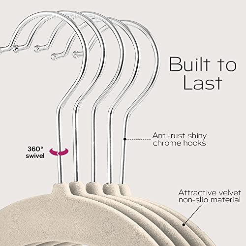 Sleek Pick Premium Velvet Hangers, Ivory, 60 Pack, 9.2β x 17.4β Non-Slip Felt Hangers, Heavy Duty Ultra Slim Clothes Hangers, Space-Saving Pants Hangers, Rotatable Hooks, Contoured & Notched Shoulders