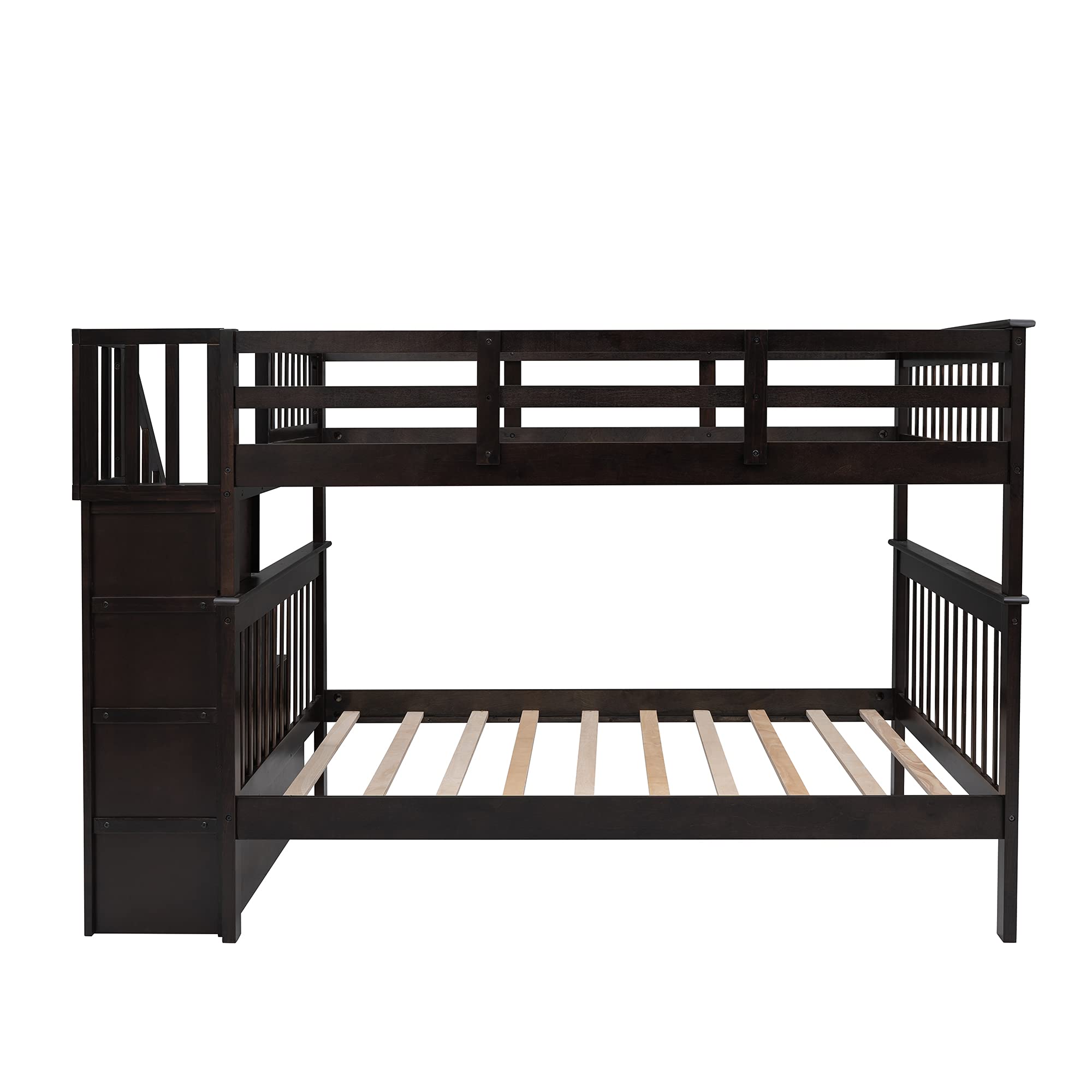 Harper & Bright Designs Full Over Full Bunk Bed with Stairs, Solid Wood Bunk Bed with Storage and Guardrail for Kids Teens Adults (Espresso)
