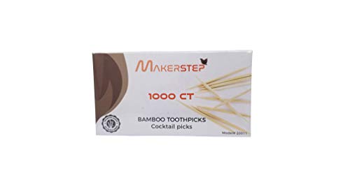 Makerstep 100% Natural Bamboo Toothpicks 1000 Pieces, Sturdy Cocktail Safe Large Round Storage Box Party Appetizer Olive Barbecue Fruit Teeth Cleaning Art Crafts