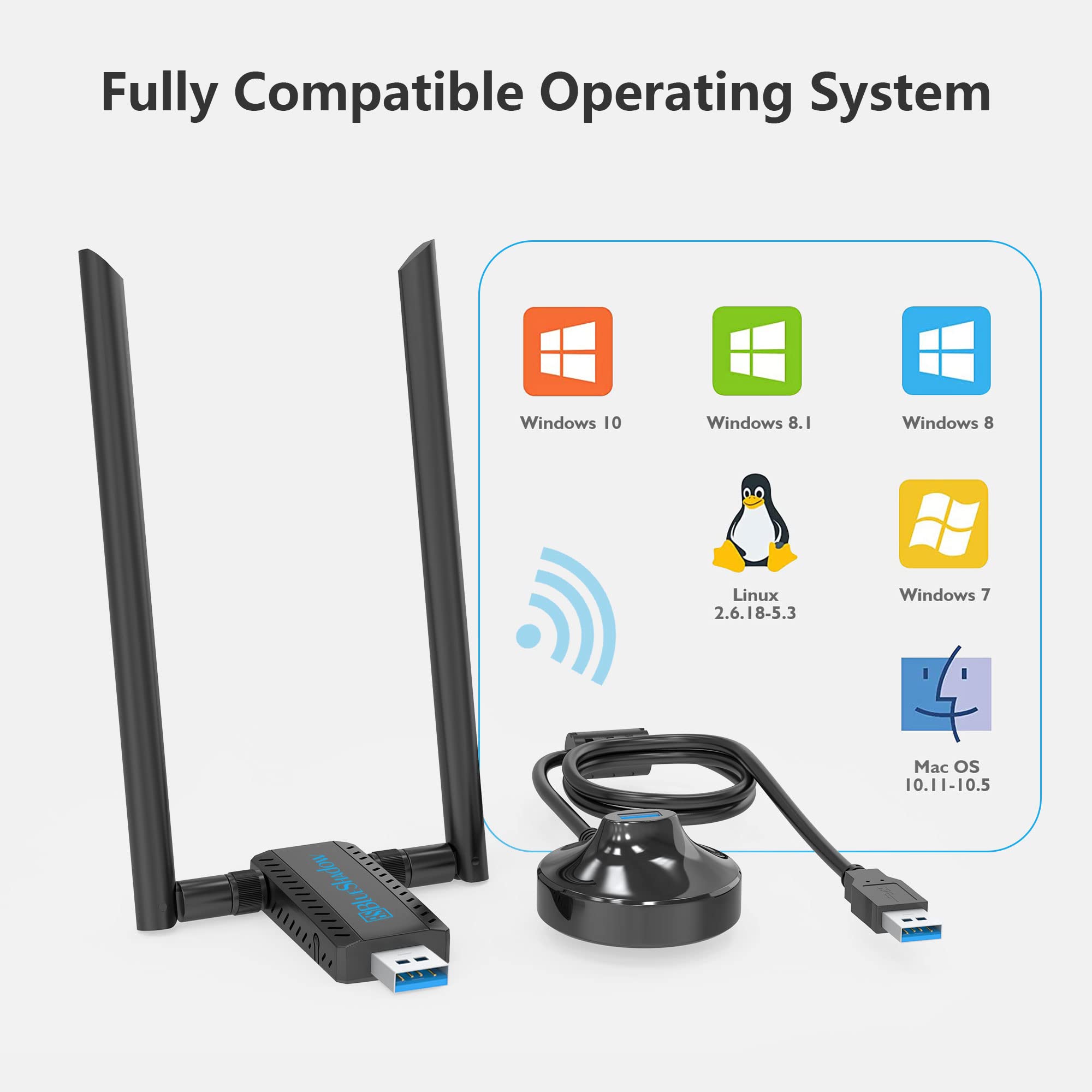 Blueshadow AC1900 USB WiFi Adapter for Gaming - 2.4G/5G Dual Band Wireless Network Adapter for PC Desktop, MU-MIMO WiFi Dongle, USB 3.0, Supports Windows11/10/8/7/Vista/XP, /Mac OS X 10.5-10.15