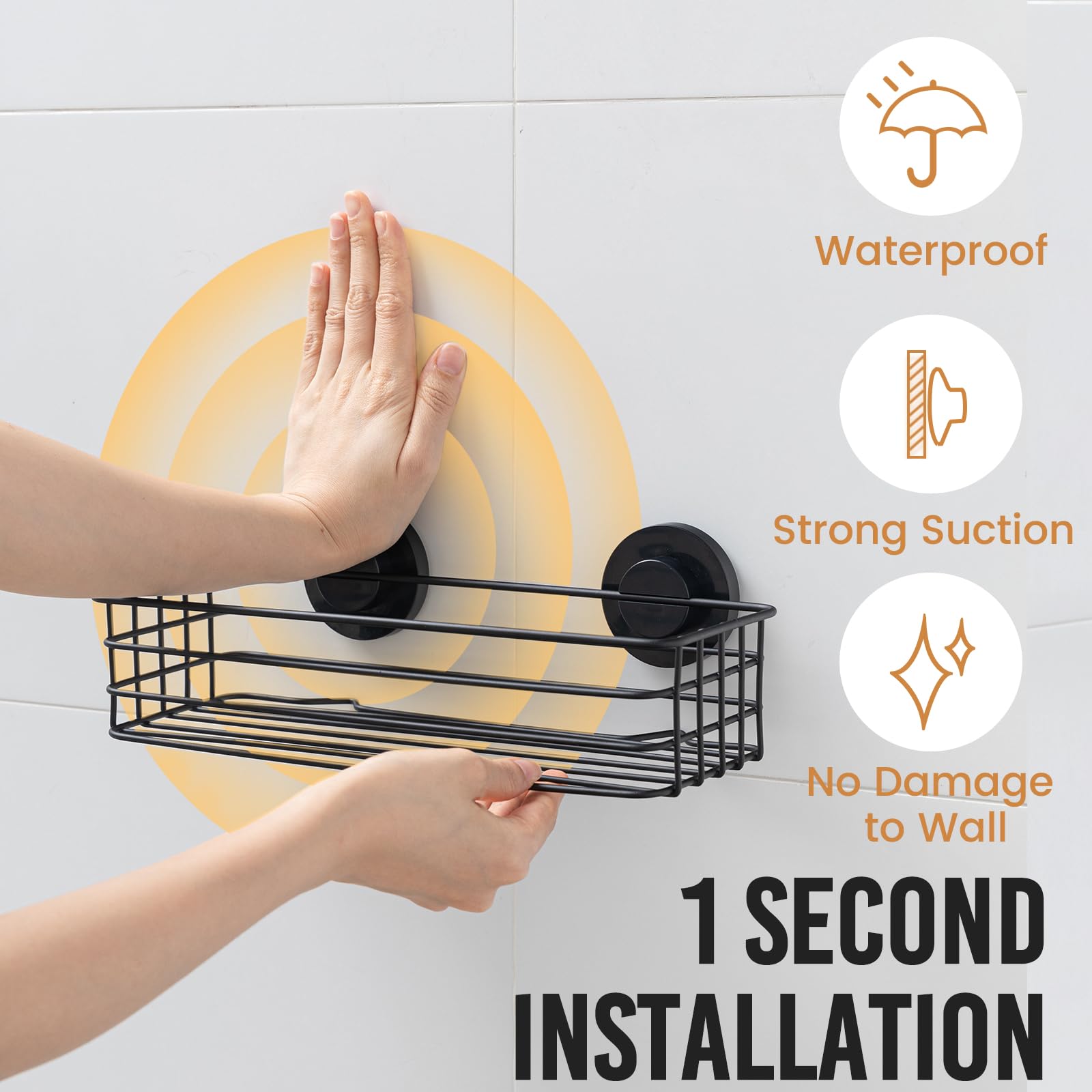 LEVERLOC Shower Caddy Suction Cup, 2 Pack Shower Shelves for Inside Shower with Hooks & Soap holder, NO-Drilling Suction Bathroom Shower Organizer, Stainless Steel Black Shower Storage