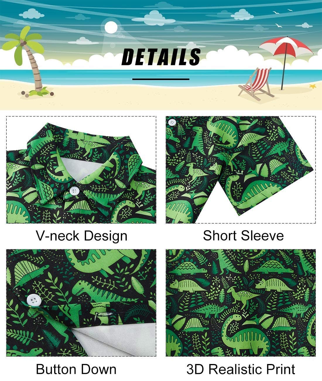 uideazone 5 Years Dinosaur Green Boys 3D Printed Holiday Button Down Shirt Novelty Tropical Themed Hawaiian Tops Clothes for Boys 5-6T